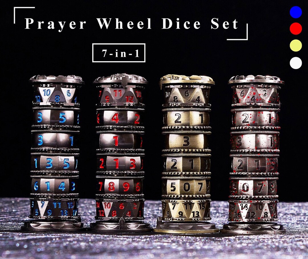 7-in-1 Prayer Wheel Dice Set Spinner for D&D Gifts, Metal Tower Dnd ...