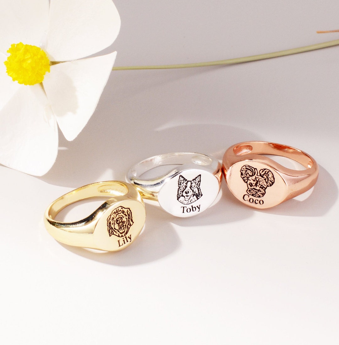 Oval Pet Photo Ring, Signet Custom Engraved Pet Name Portrait Ring, Pet ...