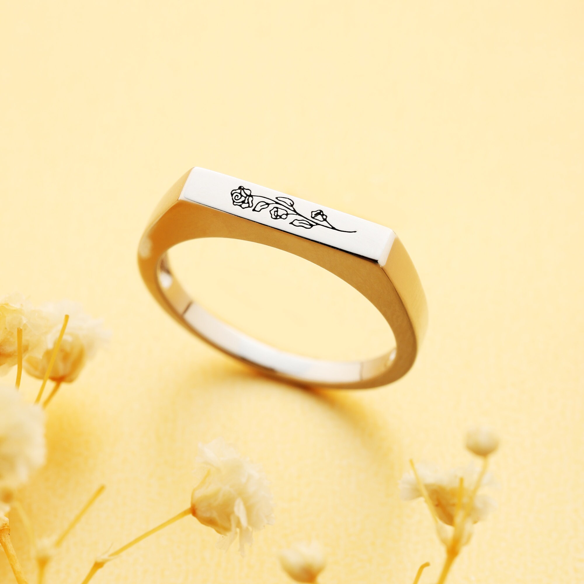 Custom Birth Flower Ring, Dainty Engraved Flower Ring, Personalized ...