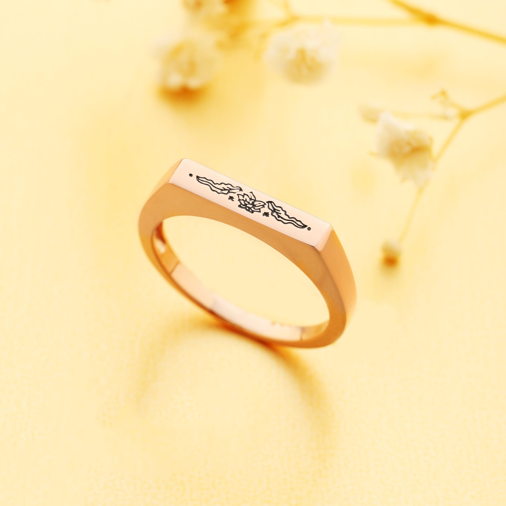 Custom Birth Flower Ring, Dainty Engraved Flower Ring, Personalized ...