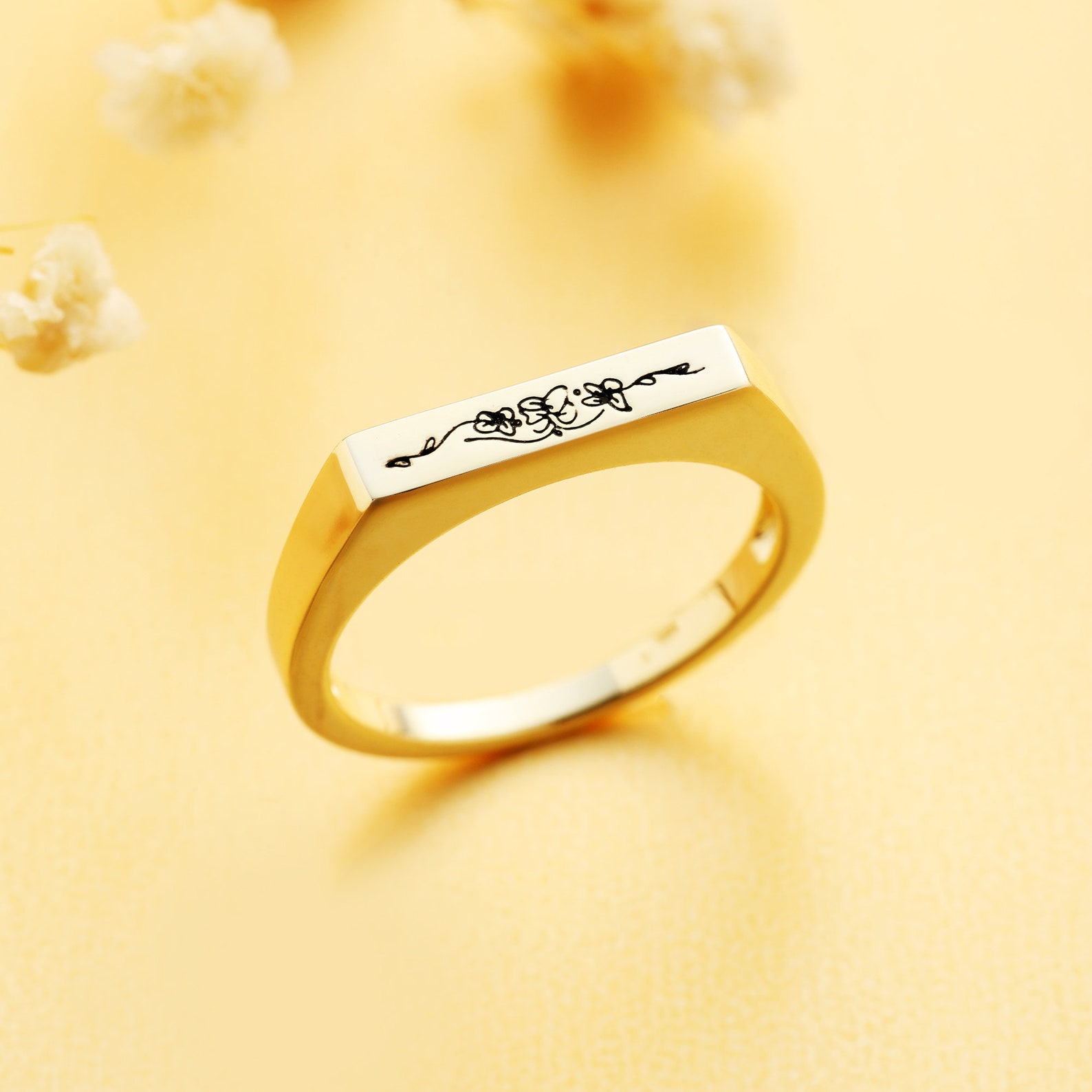 Custom Birth Flower Ring, Dainty Engraved Flower Ring, Personalized ...