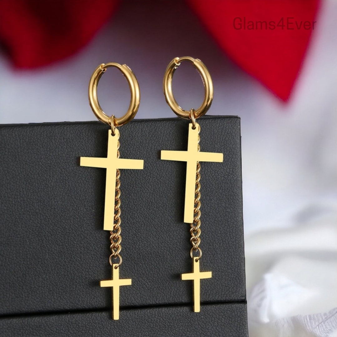 Huggie Hoop Cross Earrings, Mini Stainless Steel Creole With Removable ...