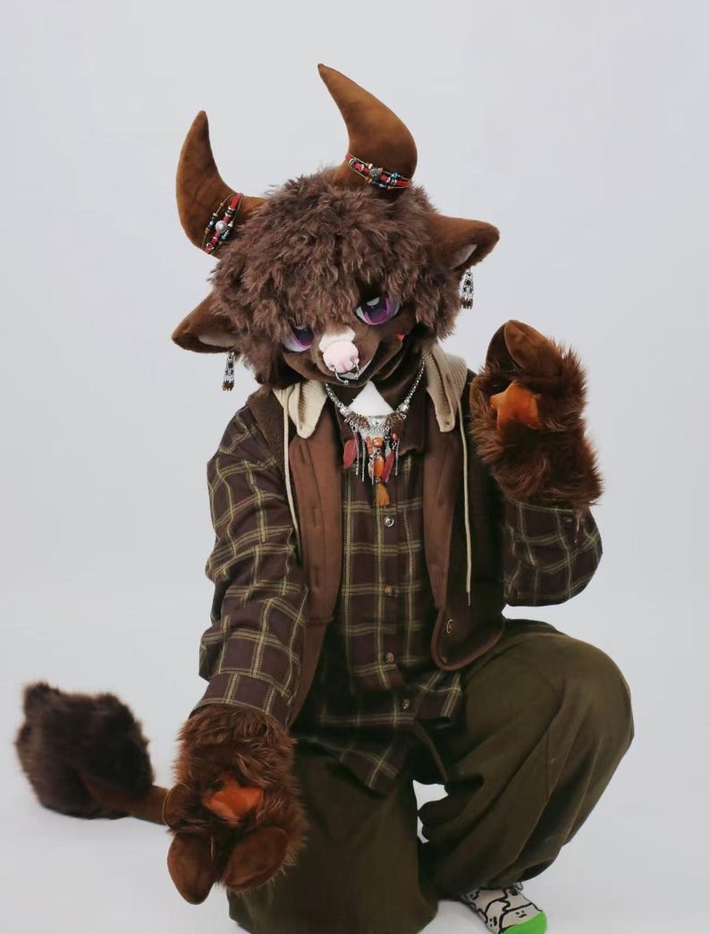 Brown Curly-coated Cow Fursuit Head, Customized Kenomo Fur Clothing ...
