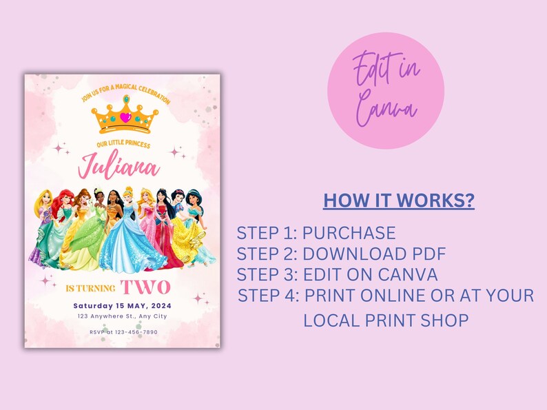 Editable Princess Birthday Template, Princess Invitation, Girl Princess ...