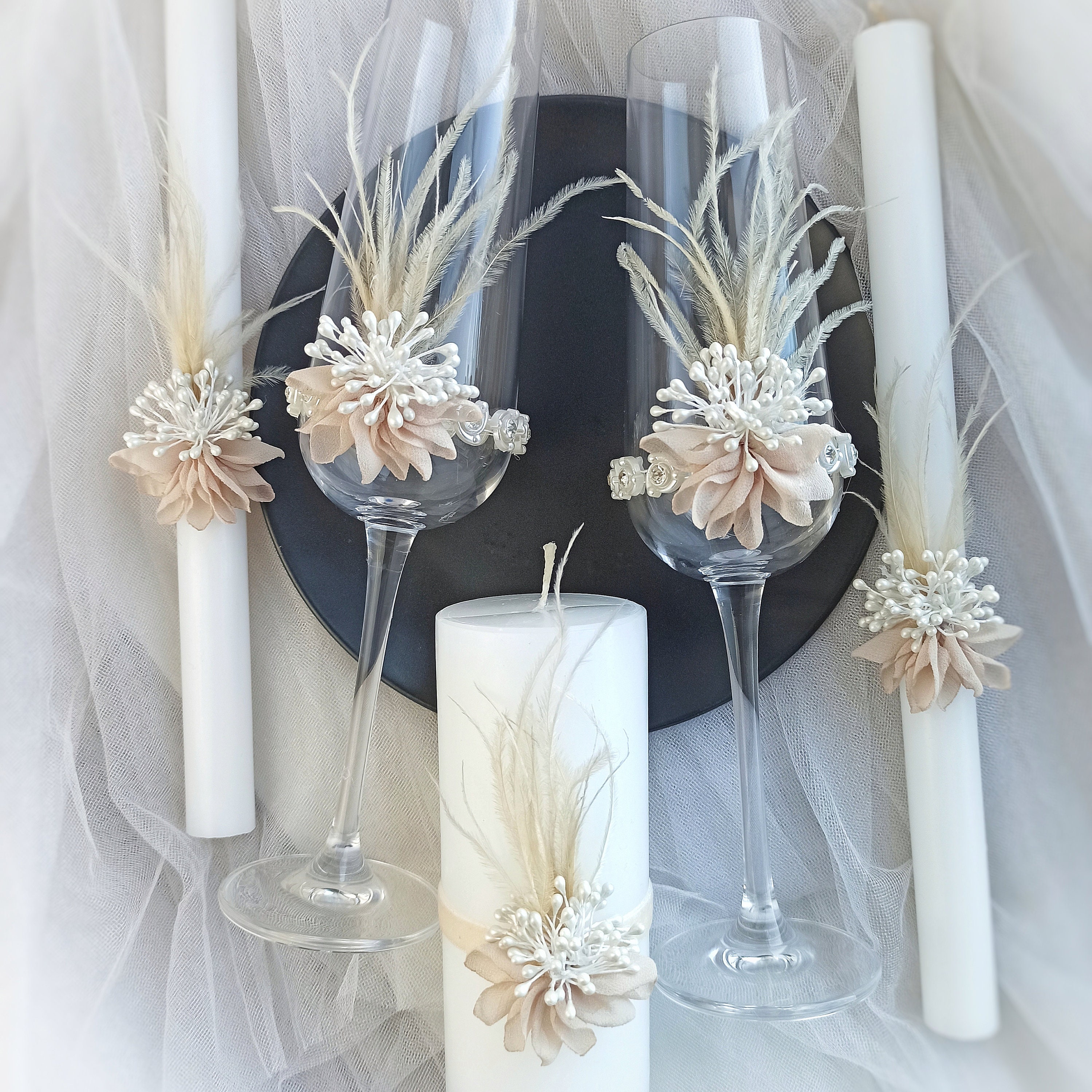 Wedding Accessories Set in Beige and White Colors, Unity Candles for ...