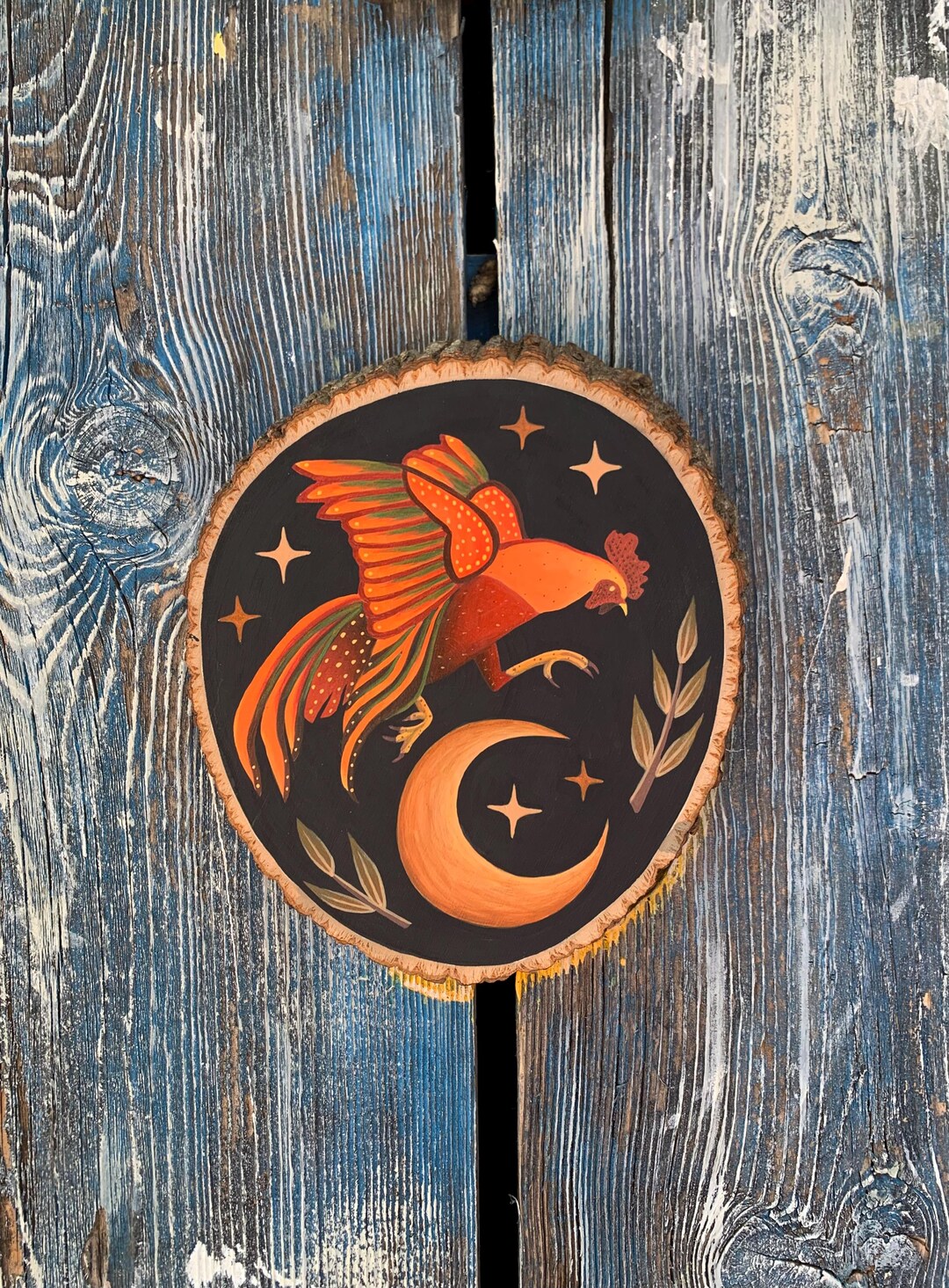 Rooster Leaping Over the Moon Painting-original Acrylic Folk Art on ...