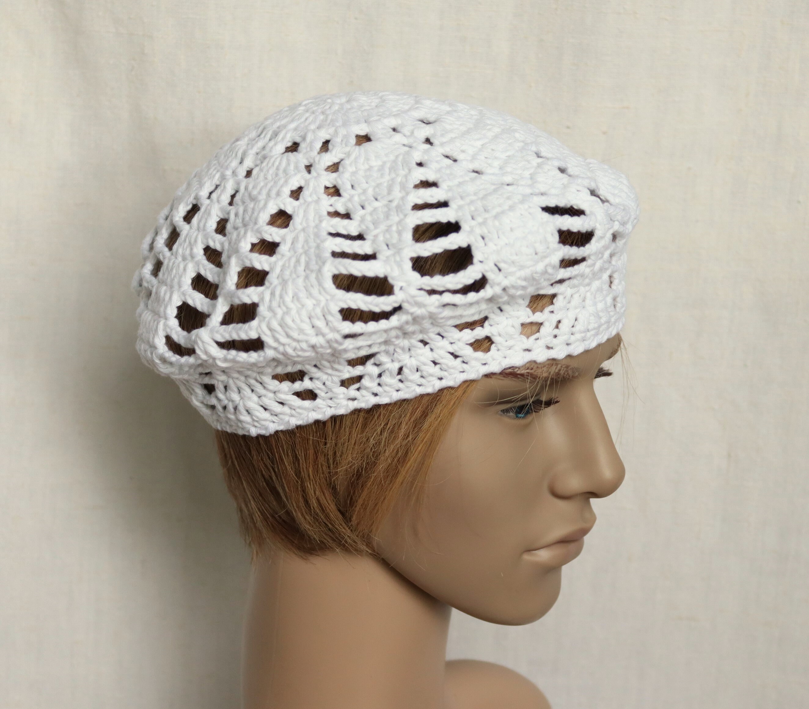 Small Beret Hat, White Crochet Summer Hat for Women or Girl, Made From ...