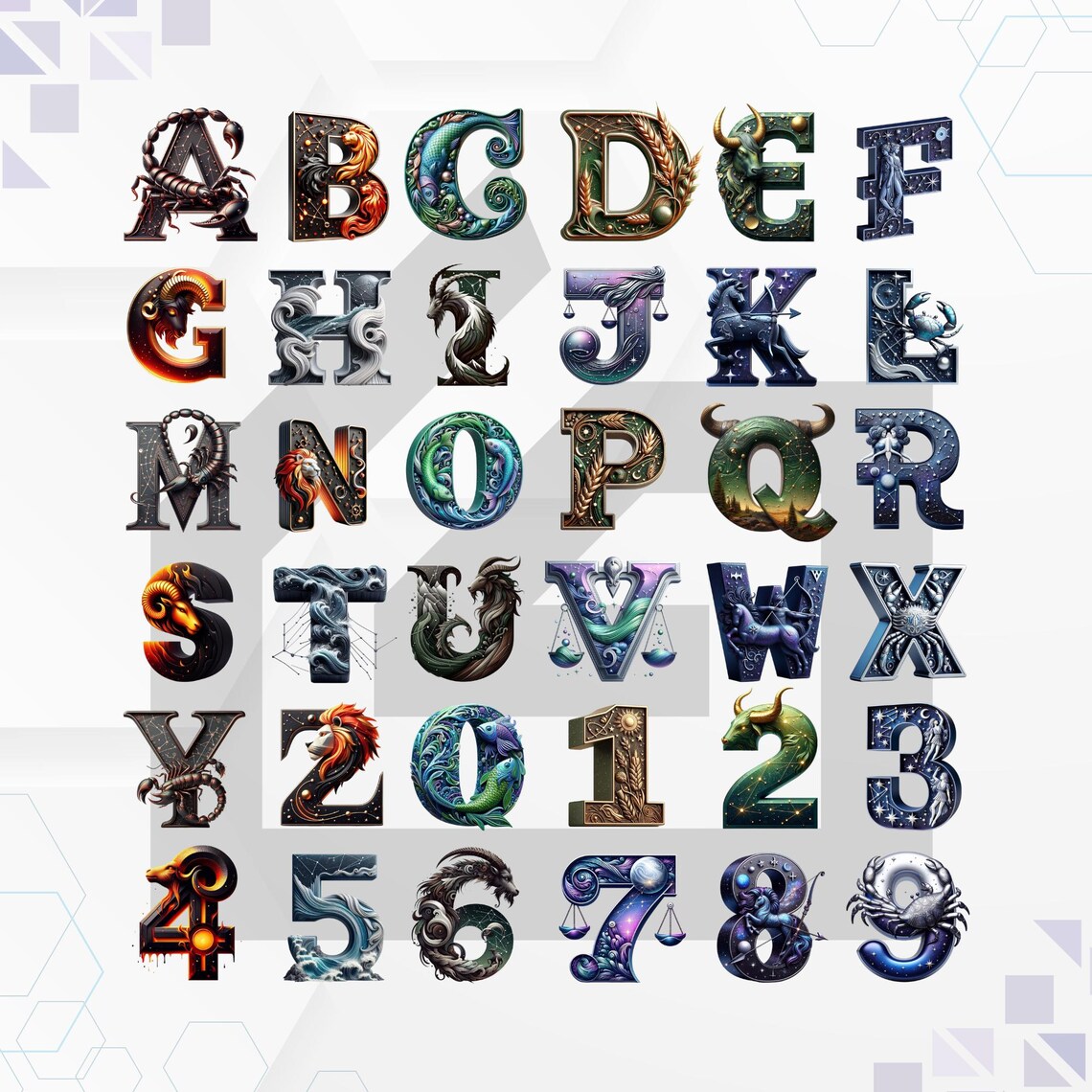 Zodiac Astrology Alphabet: Big Set PNG Bundle Canva Template(digital ...