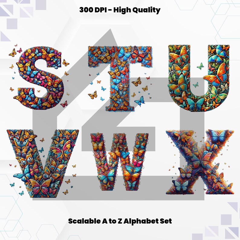 Butterfly Alphabet Clip Art PNG Bundle, Colorful Letters and Numbers ...