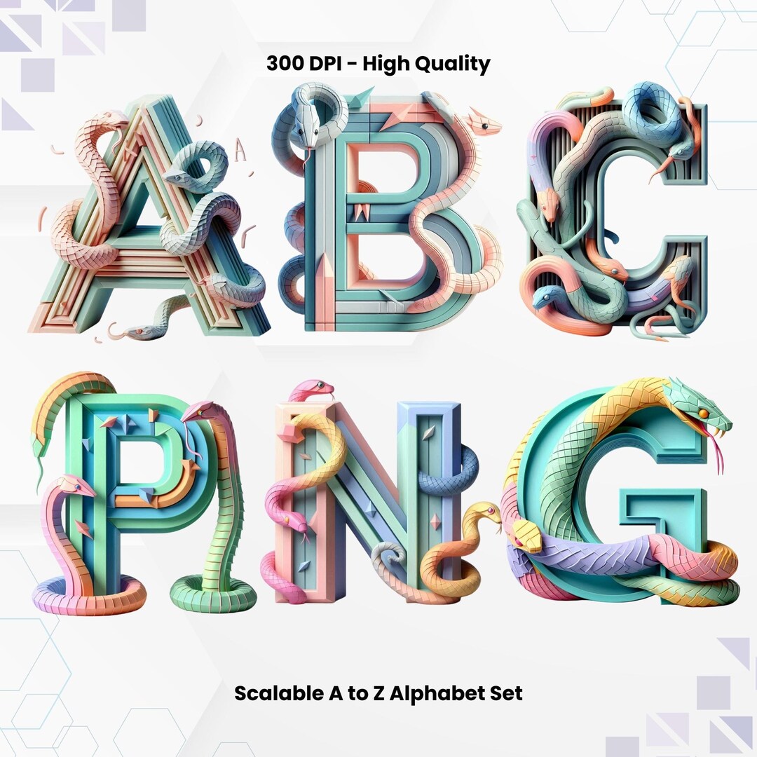 Snake Alphabet Clipart: Colorful Doodle Letters, Font PNG (digital ...
