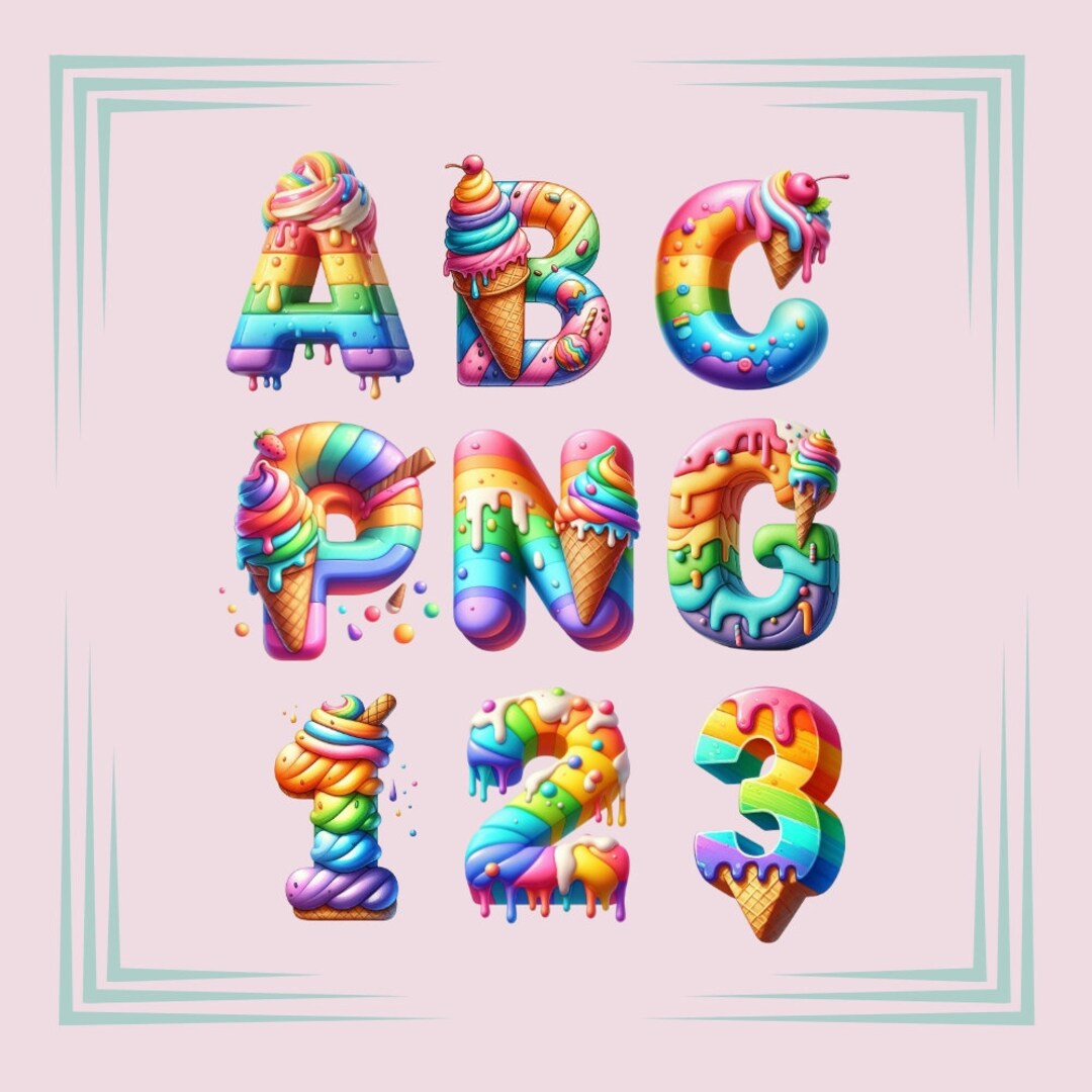 Rainbow Ice Cream Alphabet Clip Art PNG Bundle, letras y números ...