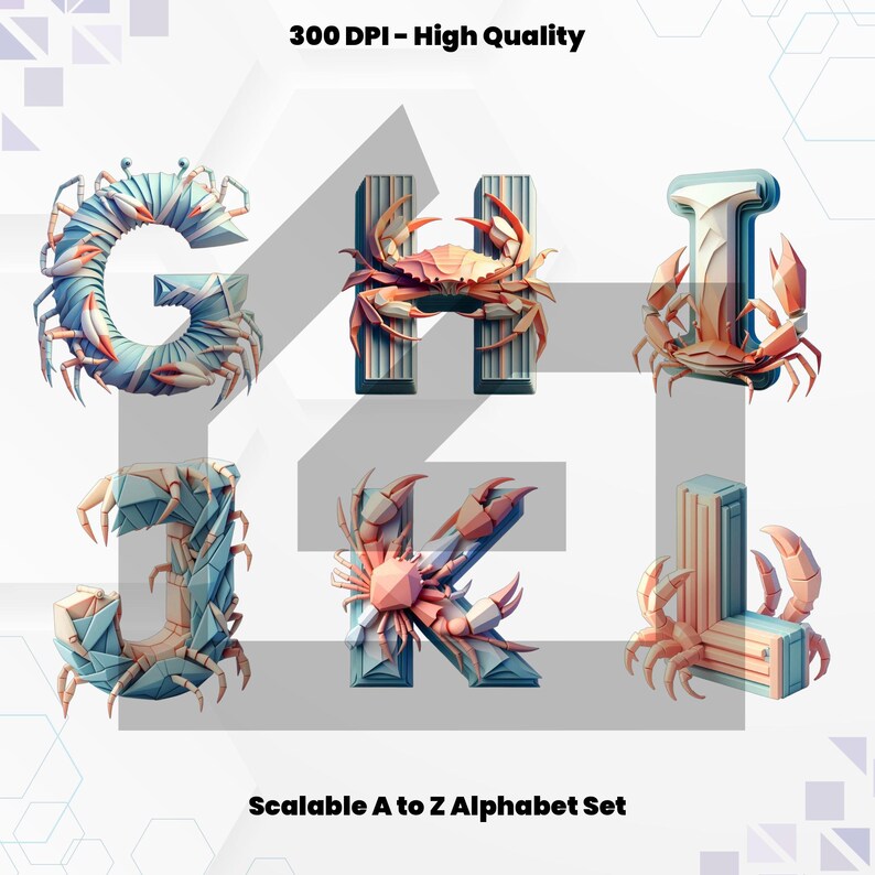 Crab Alphabet Clipart Set: 3D Doodle Letters, Animal Font (PNG) - Etsy