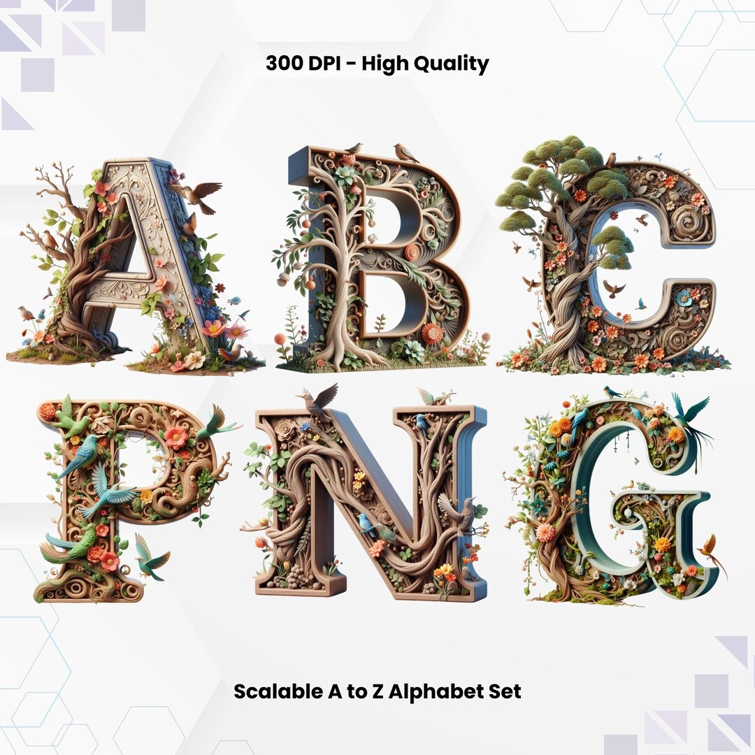 Live Edge Wood Alphabet: Ivy and Birds Doodle Font (PNG Digital ...