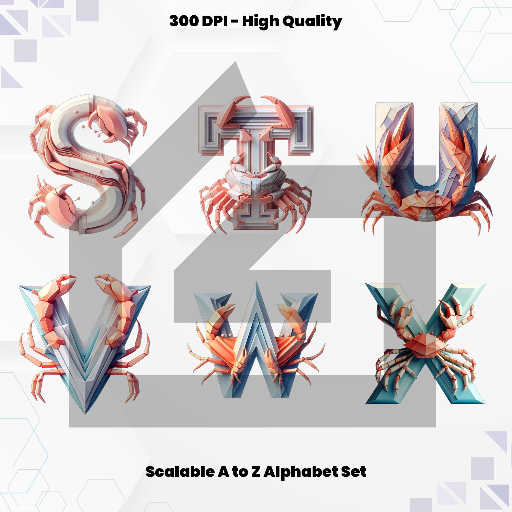 Crab Alphabet Clipart Set: 3D Doodle Letters, Animal Font (PNG) - Etsy