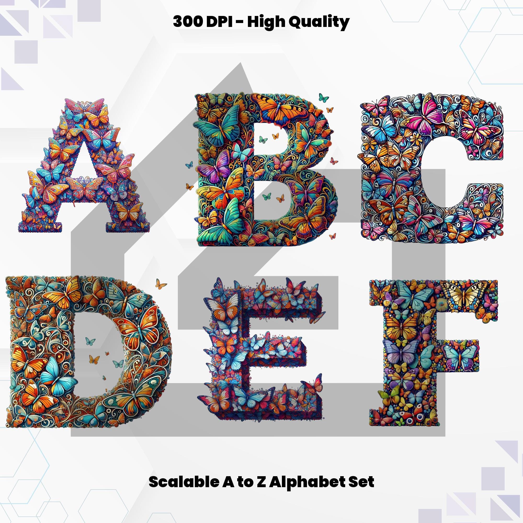 Butterfly Alphabet Clip Art PNG Bundle, Colorful Letters and Numbers ...