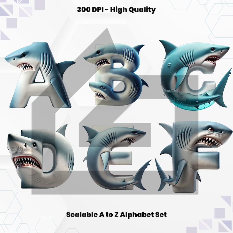 Shark Alphabet Clipart: 3D Doodle Letters, Numbers, PNG (digital ...