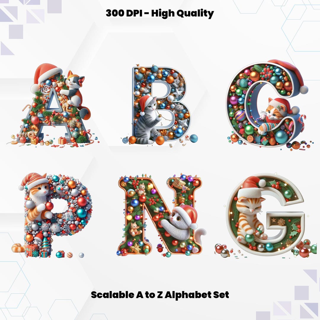 Christmas Printable Doodle Font With Cat Alphabet Numbers Set - Festive ...