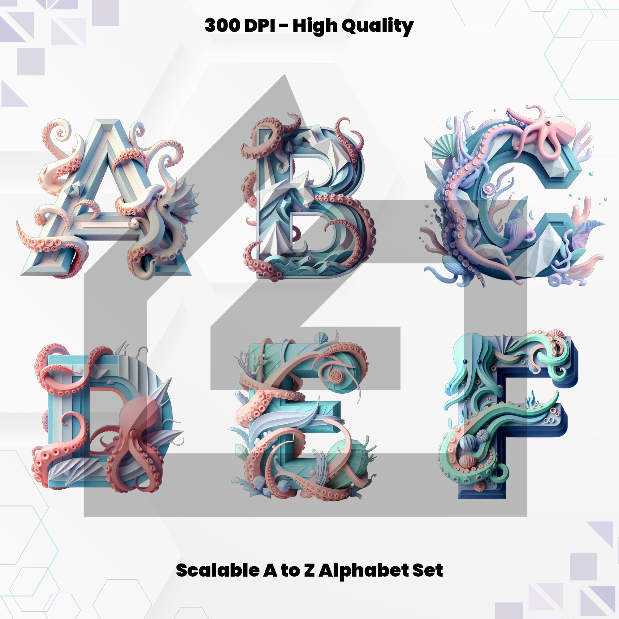 Octopus Alphabet Clipart: 3D Doodle Letters, Animal Font (PNG Digital ...