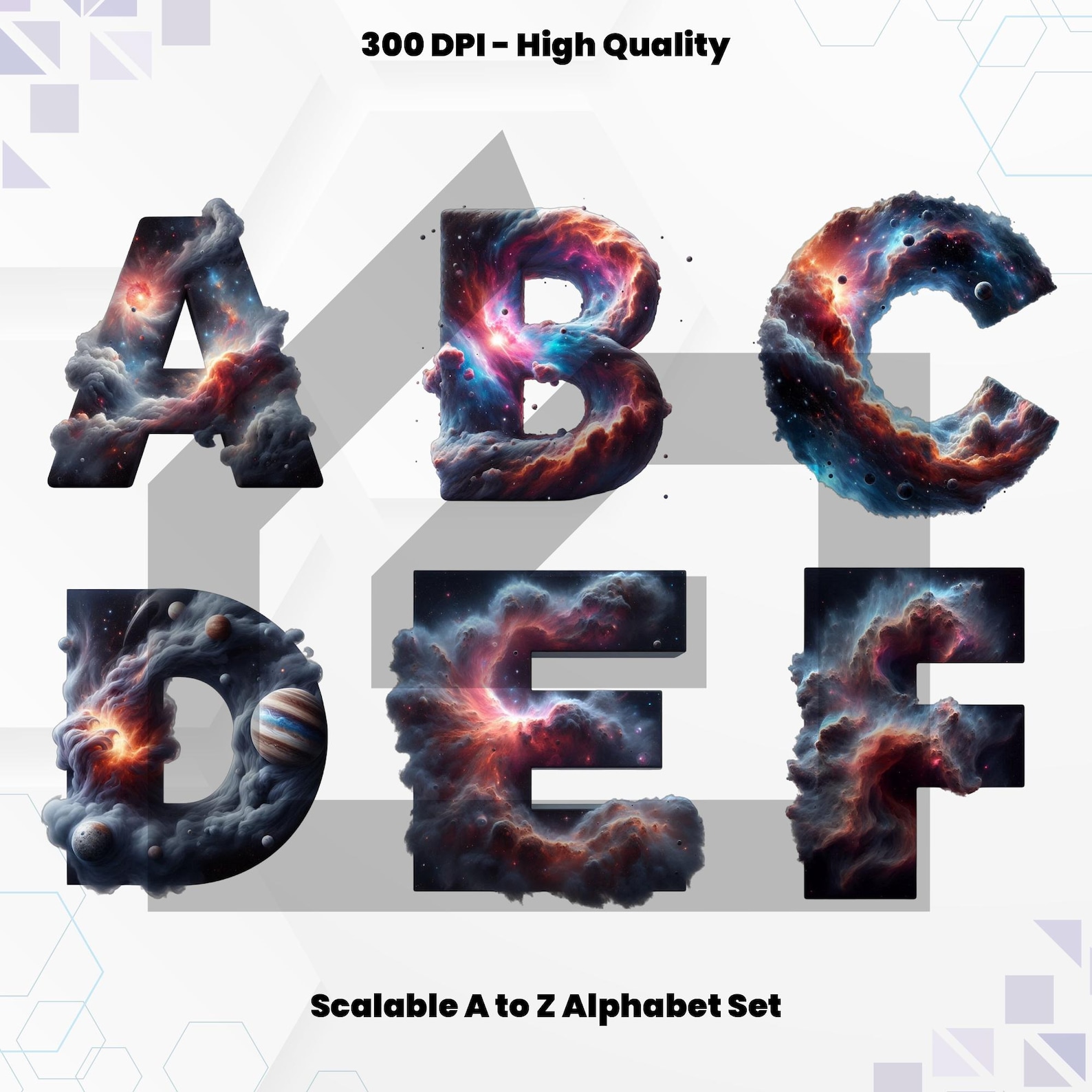 Space Nebula Alphabet Clip Art PNG Bundle, Galaxy Letters and Numbers ...