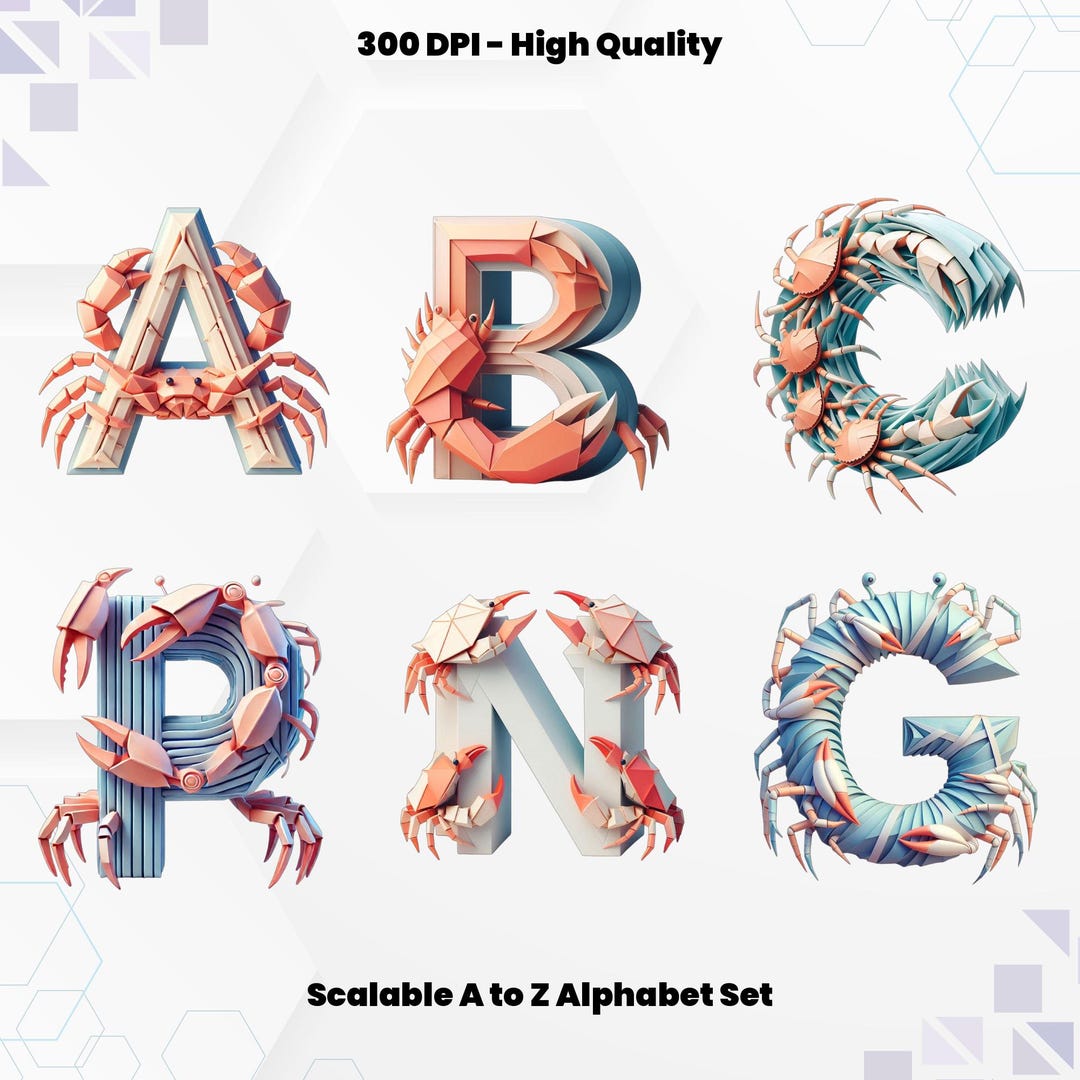 Colorful Crab Alphabet Set Clipart Crab Doodle Letters Font PNG 3D ...