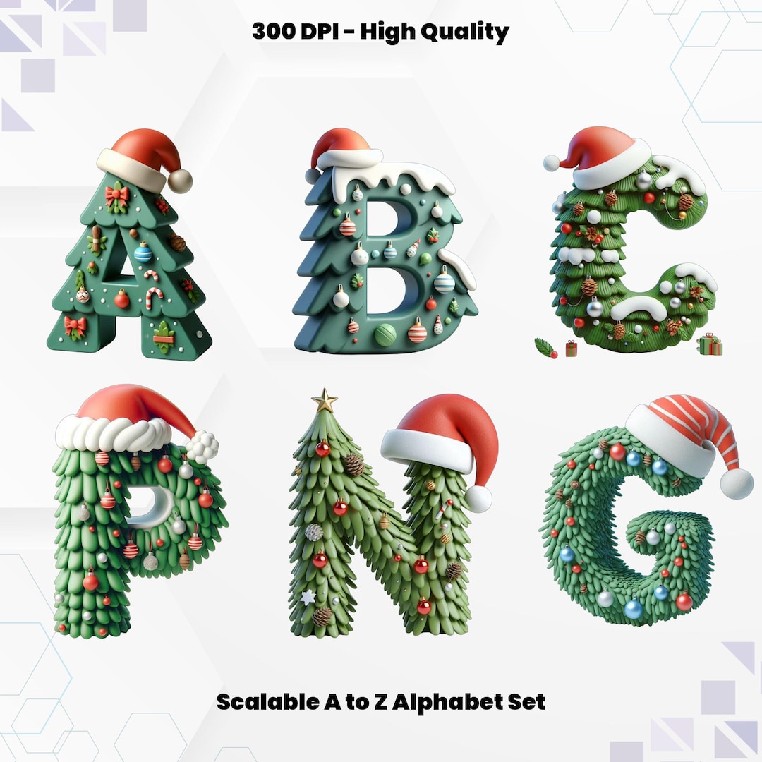 Christmas Tree With Santa Hat Alphabet Set - Festive A-Z Letters PNG ...