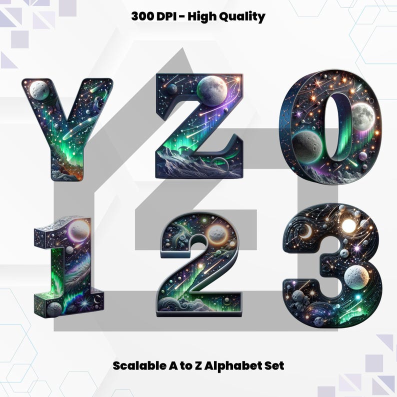 Astronomy Printable Alphabet Clip Art PNG Bundle, Planet Letters and ...