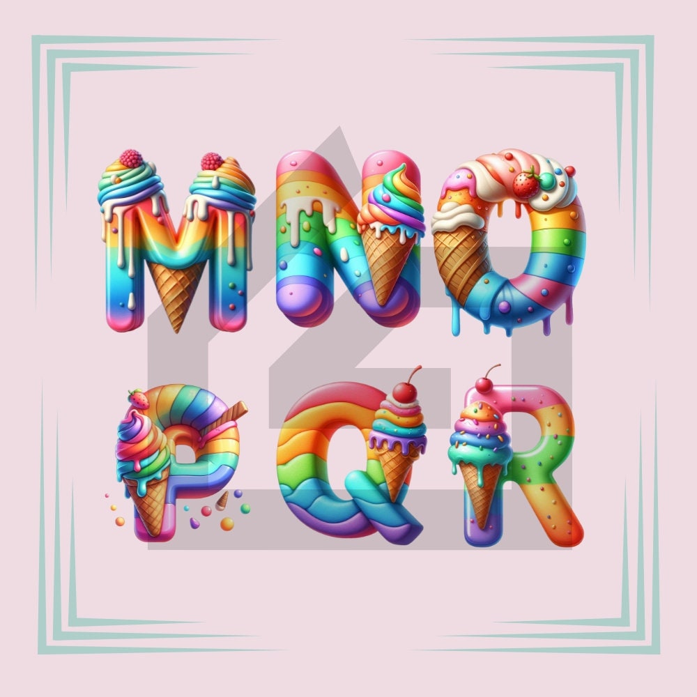 Rainbow Ice Cream Alphabet Clip Art PNG Bundle, Colorful Letters and ...