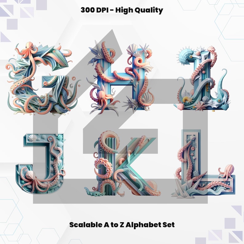 Octopus Alphabet Clipart: 3D Doodle Letters, Animal Font (PNG Digital ...