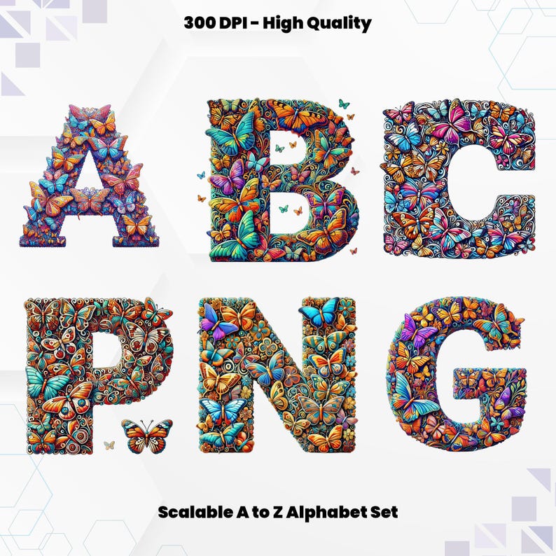 Butterfly Alphabet Clip Art PNG Bundle, Colorful Letters and Numbers ...