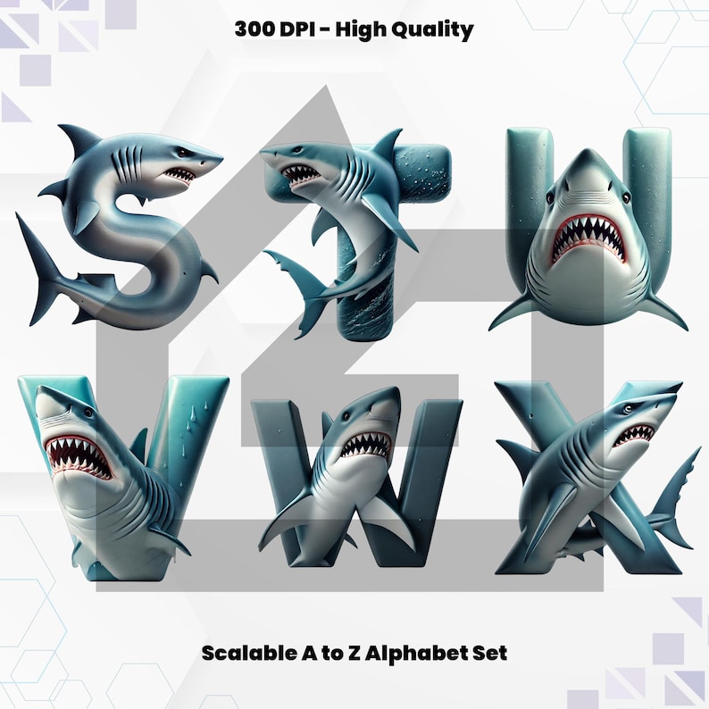 Shark Alphabet Clipart: 3D Doodle Letters, Numbers, PNG (digital ...
