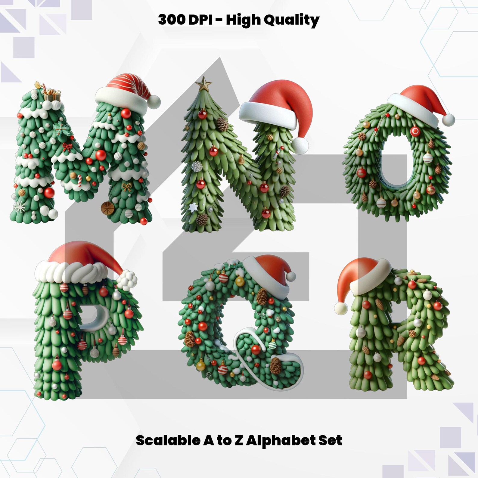 Christmas Tree With Santa Hat Alphabet Set - Festive A-Z Letters PNG, Holiday Clip Art for ...