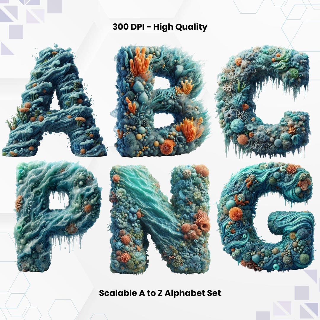 Watercolor Ocean Alphabet: Marine Letters Clip Art (PNG Digital ...