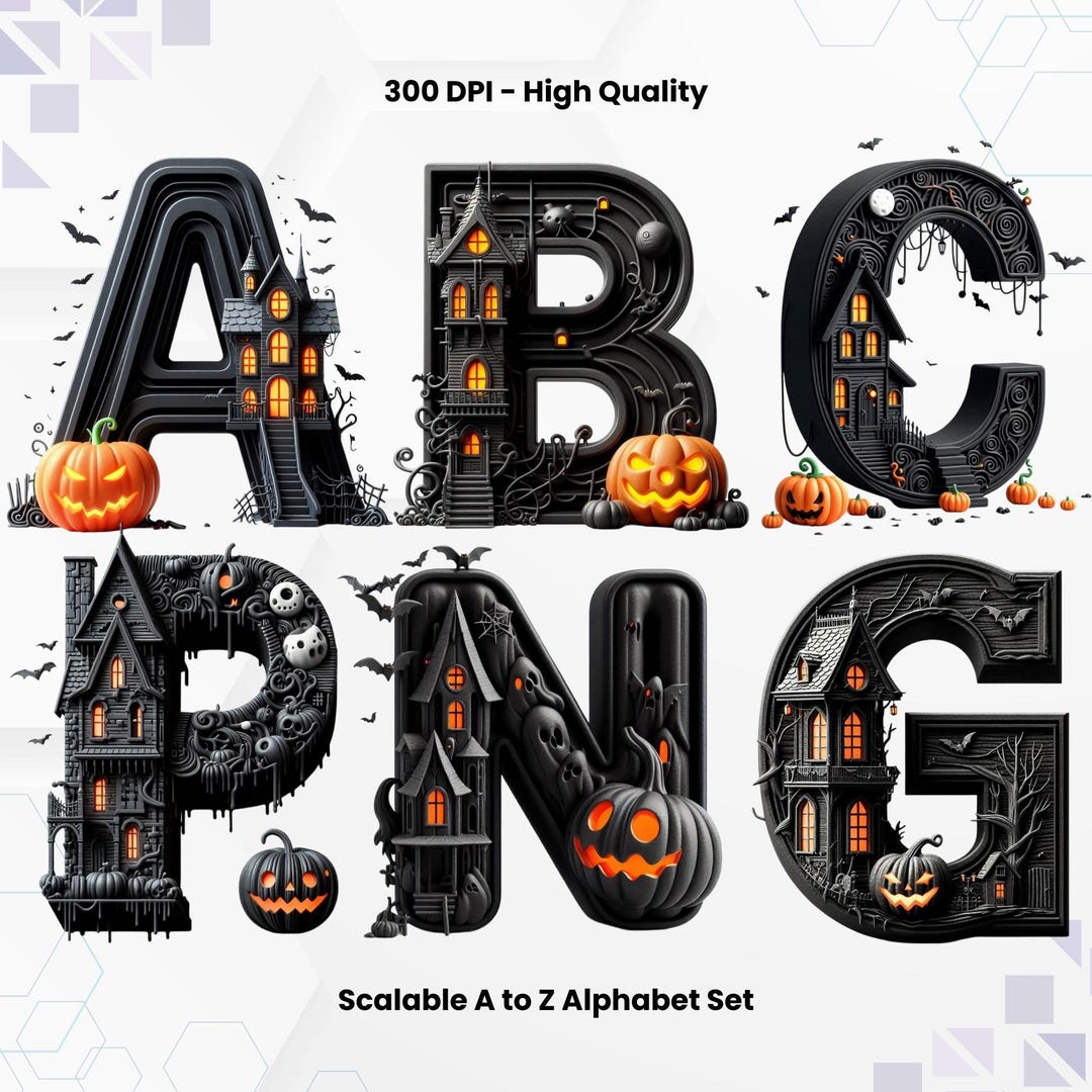 Halloween Haunted House Alphabet: Doodle Letters PNG Bundle (digital ...
