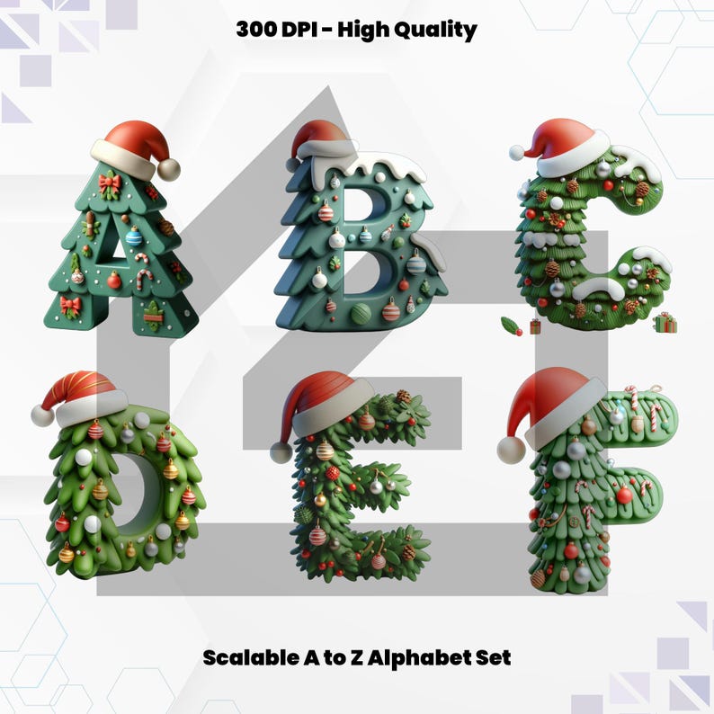 Christmas Tree With Santa Hat Alphabet Set - Festive A-Z Letters PNG ...