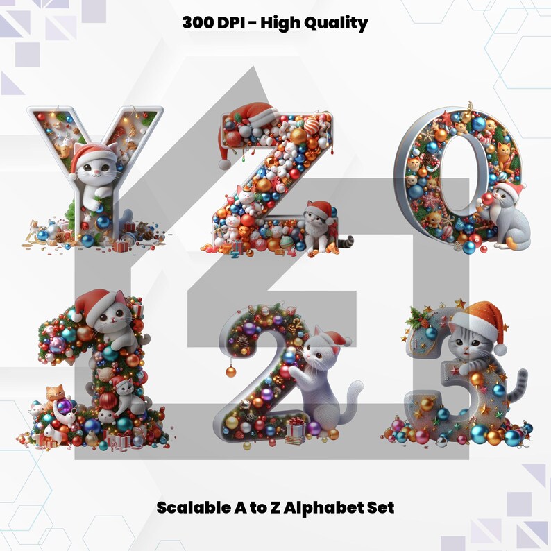 Christmas Printable Doodle Font With Cat Alphabet Numbers Set - Festive ...