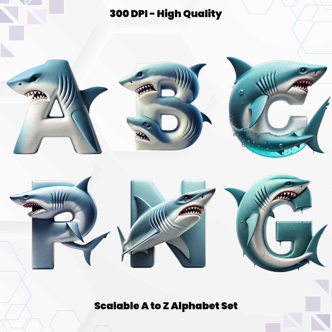 Shark Alphabet Clipart: 3D Doodle Letters, Numbers, PNG (digital ...