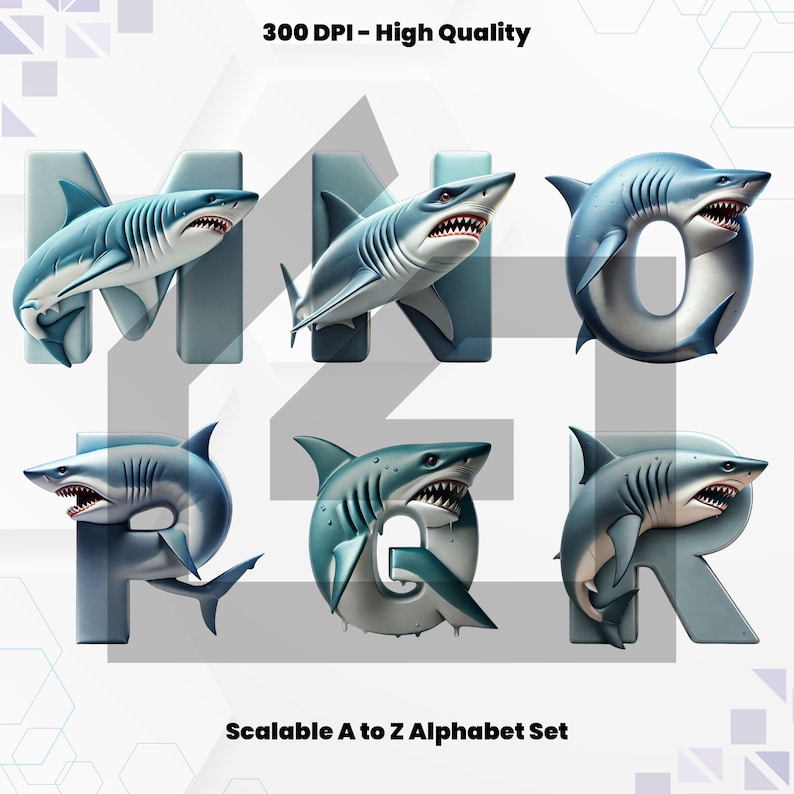 Shark Alphabet Clipart: 3D Doodle Letters, Numbers, PNG (digital ...