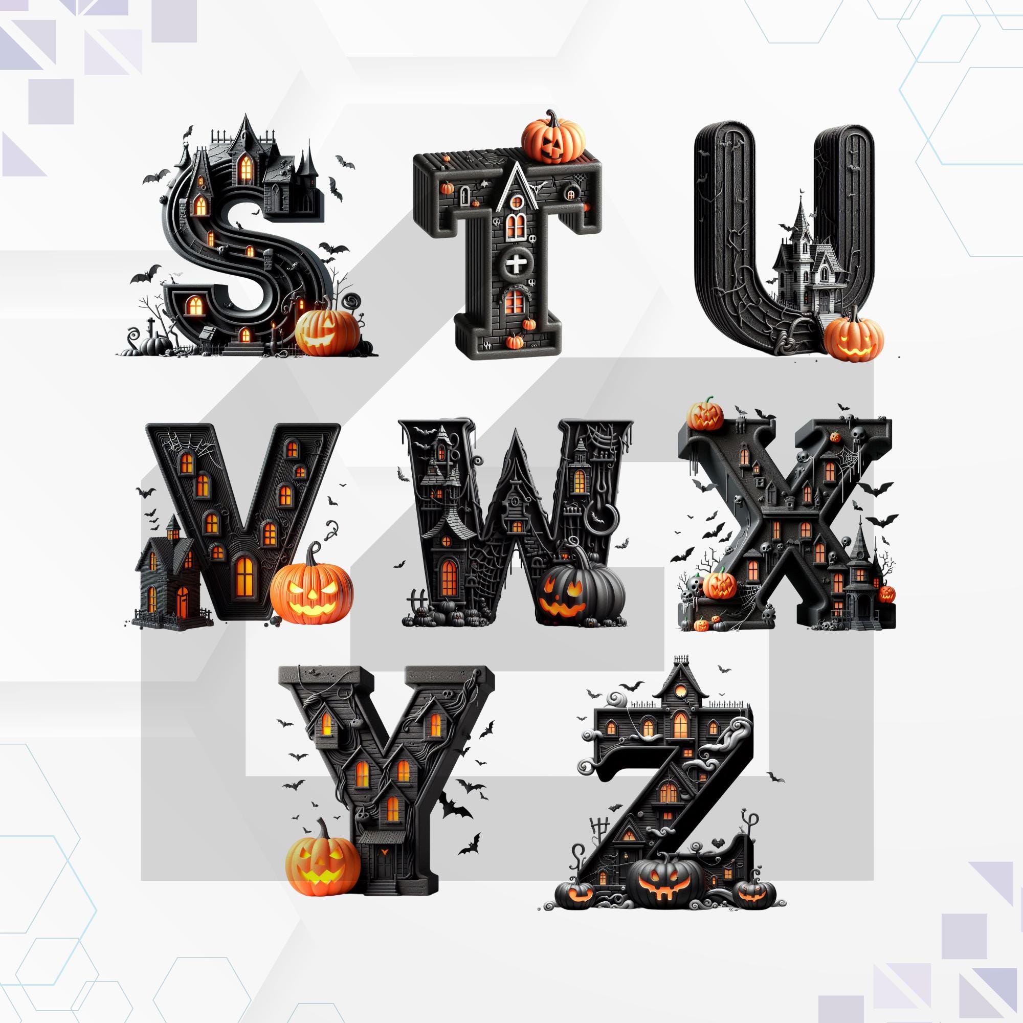 Halloween Haunted House Alphabet: Doodle Letters PNG Bundle (digital ...