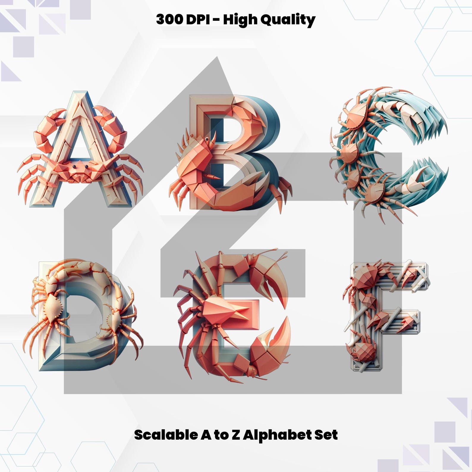 Crab Alphabet Clipart Set: 3D Doodle Letters, Animal Font (PNG) - Etsy