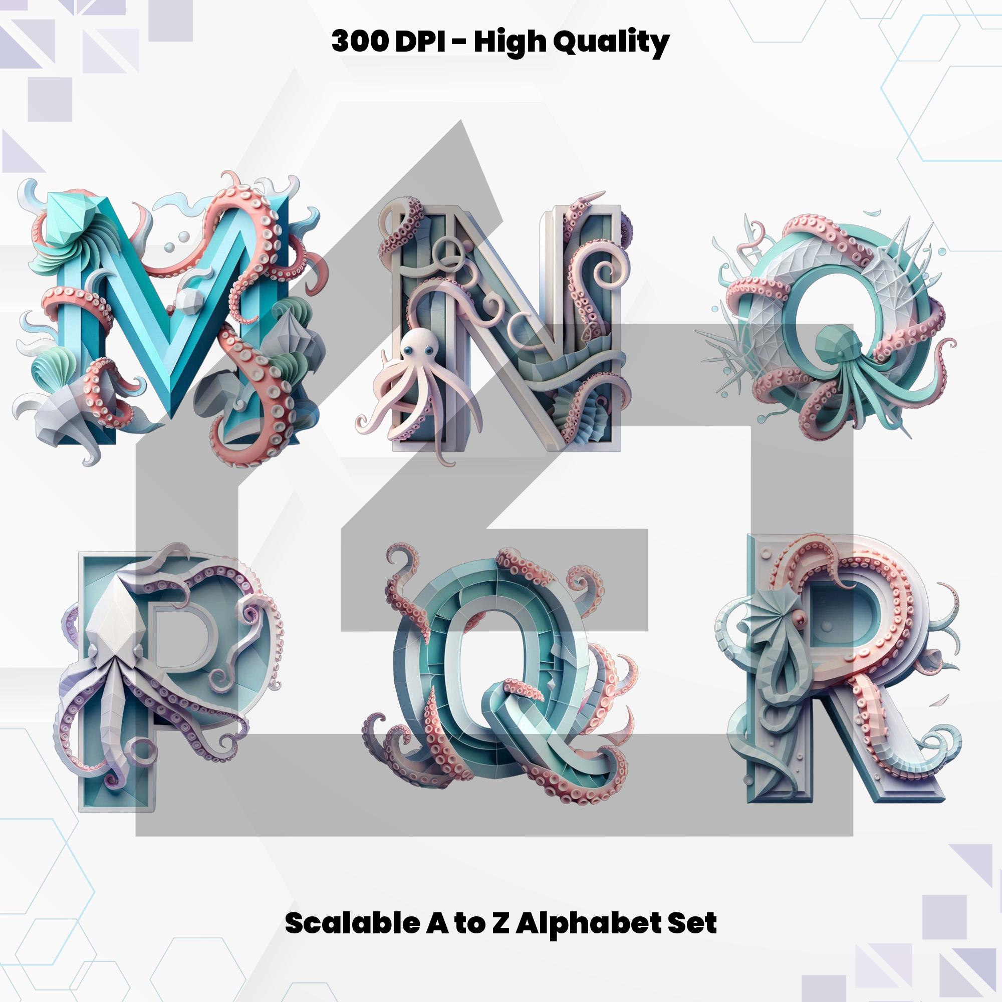 Octopus Alphabet Clipart: 3D Doodle Letters, Animal Font (PNG Digital ...