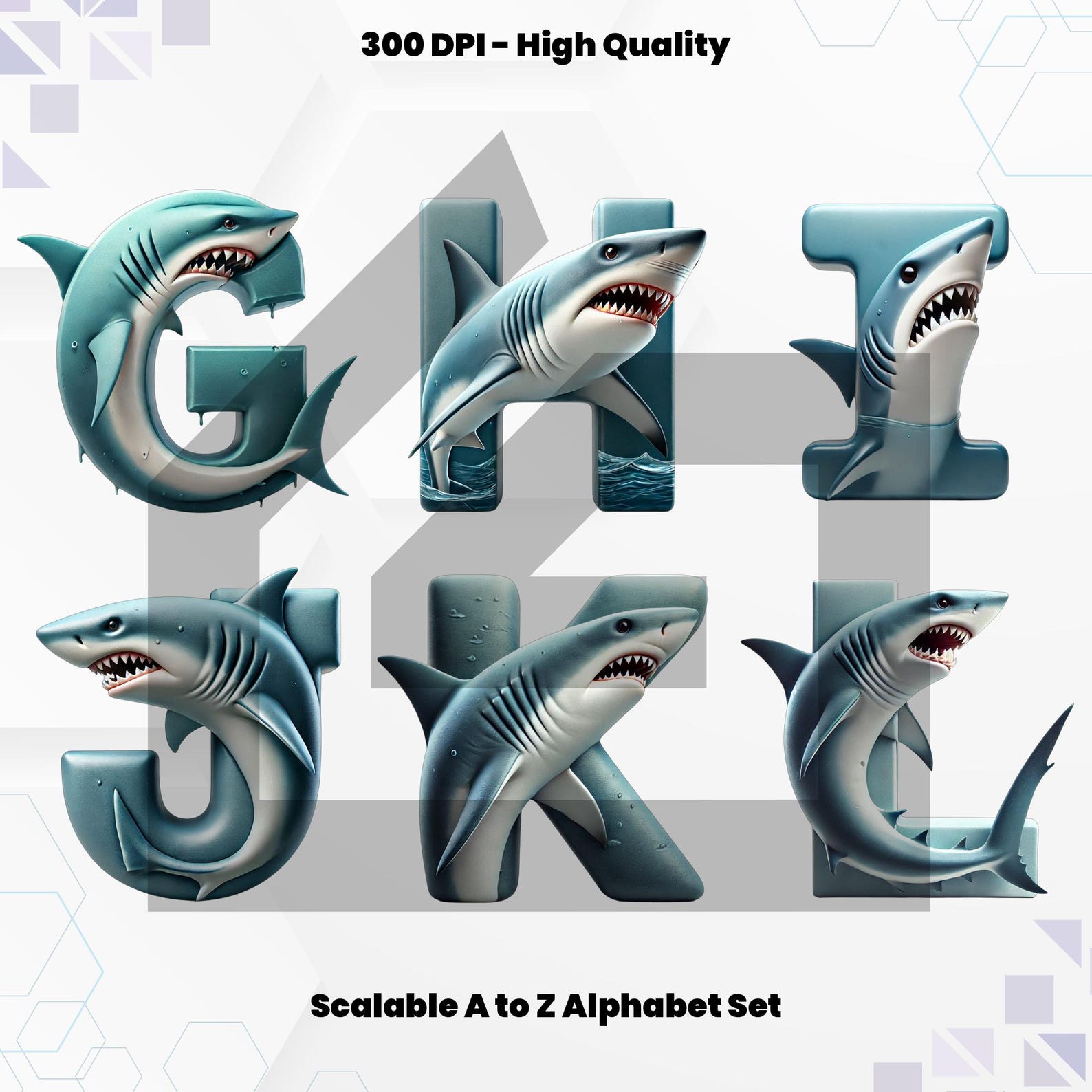 Shark Alphabet Clipart: 3D Doodle Letters, Numbers, PNG (digital ...
