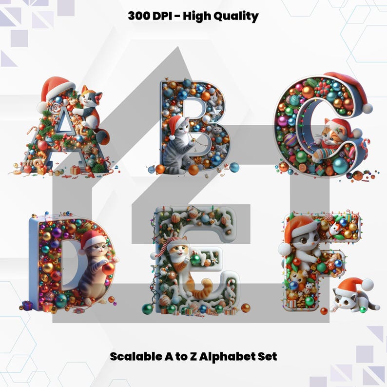 Christmas Printable Doodle Font With Cat Alphabet Numbers Set - Festive ...