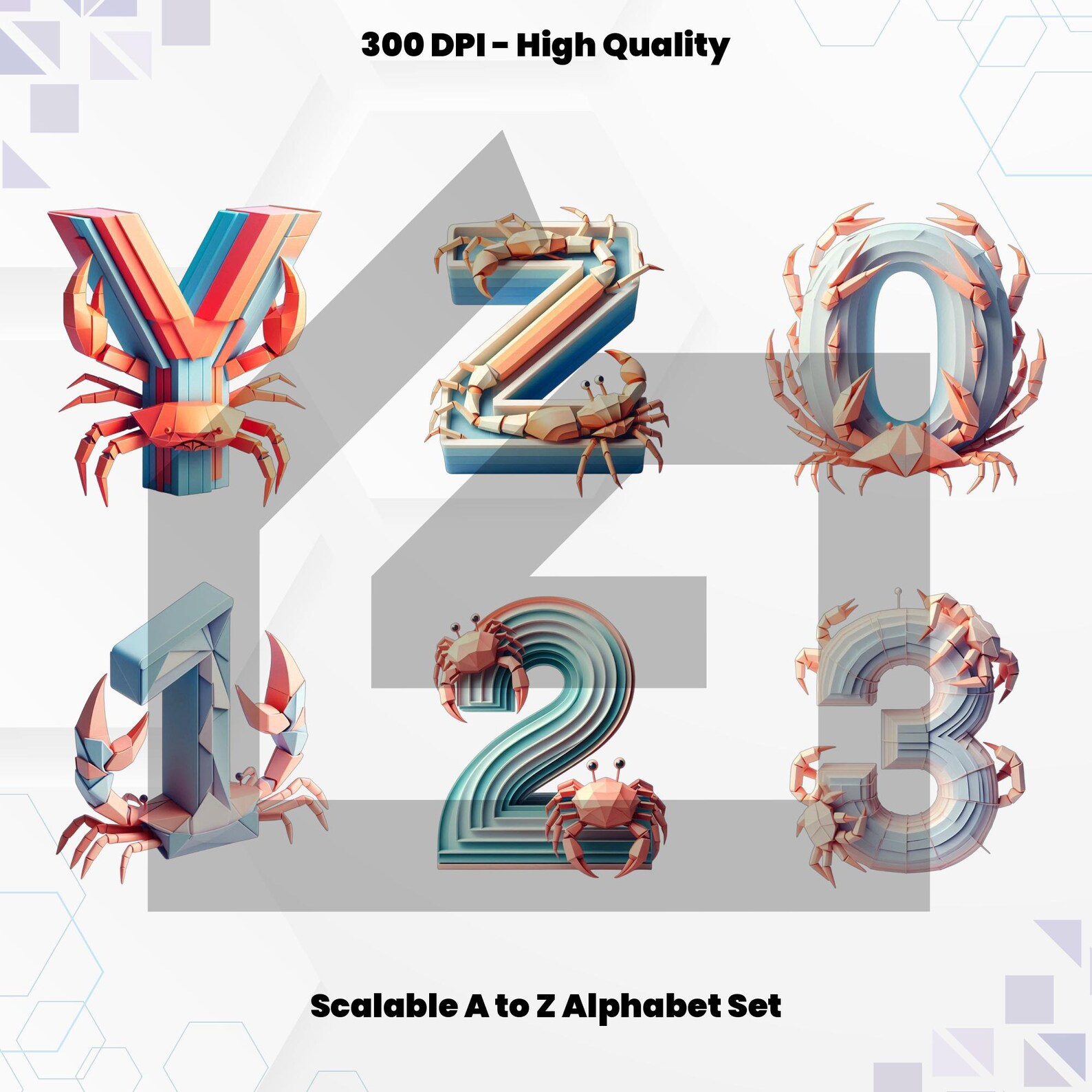 Crab Alphabet Clipart Set: 3D Doodle Letters, Animal Font (PNG) - Etsy