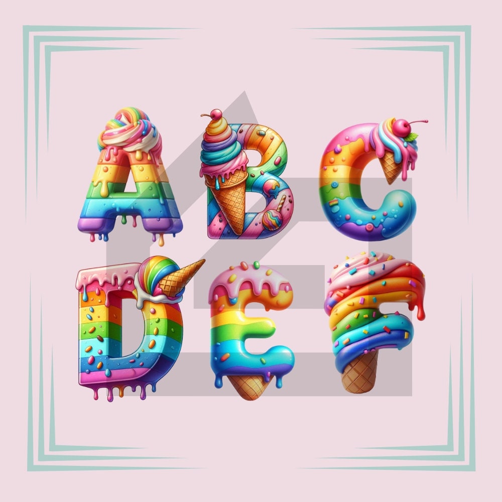 Rainbow Ice Cream Alphabet Clip Art PNG Bundle, Colorful Letters and ...