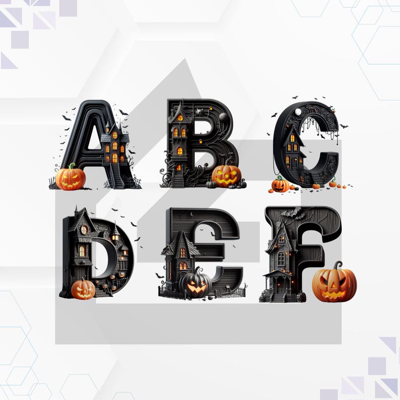 Halloween Haunted House Alphabet: Doodle Letters PNG Bundle (digital ...