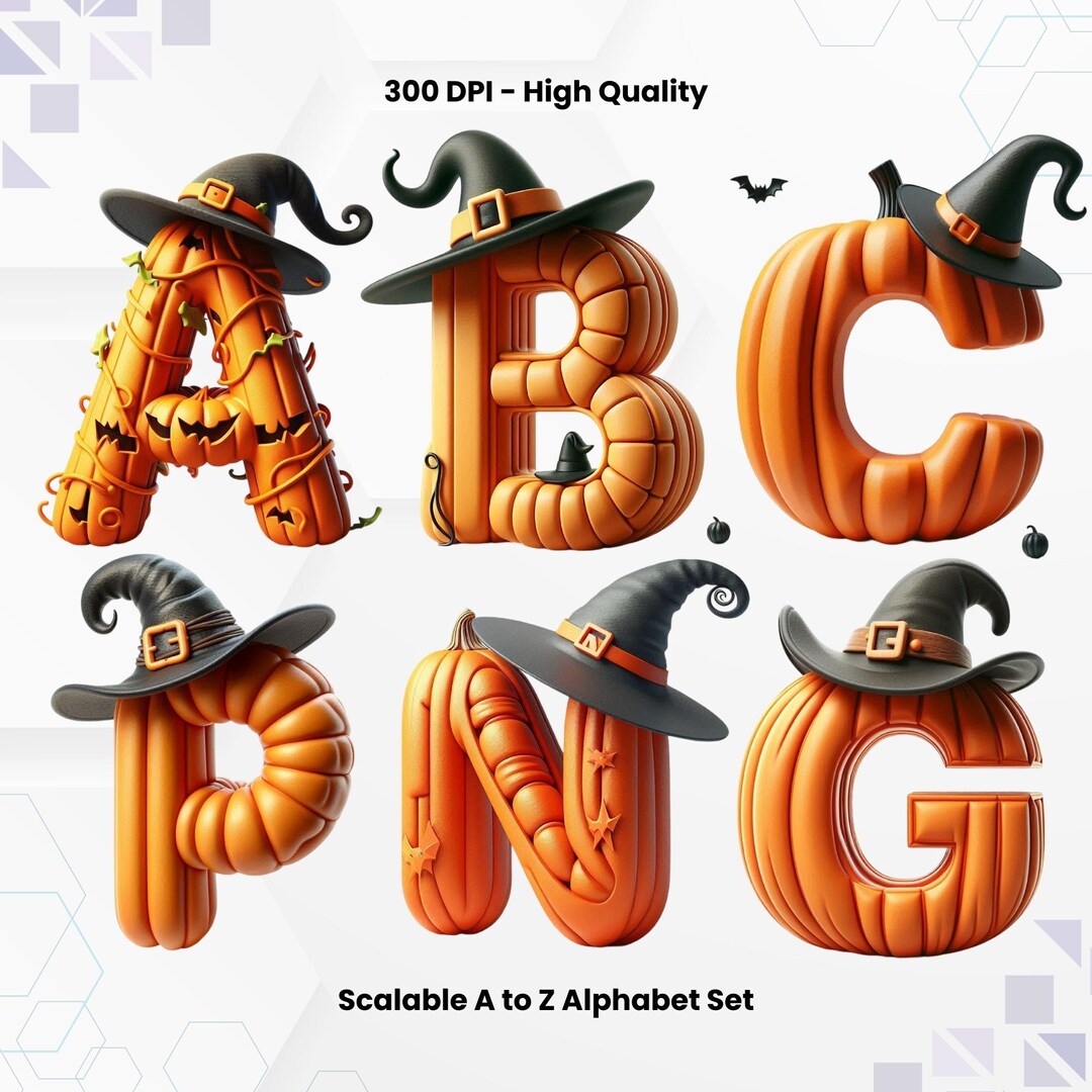 Halloween Pumpkin Witch Hat Alphabet PNG Clip Art Bundle (digital File ...