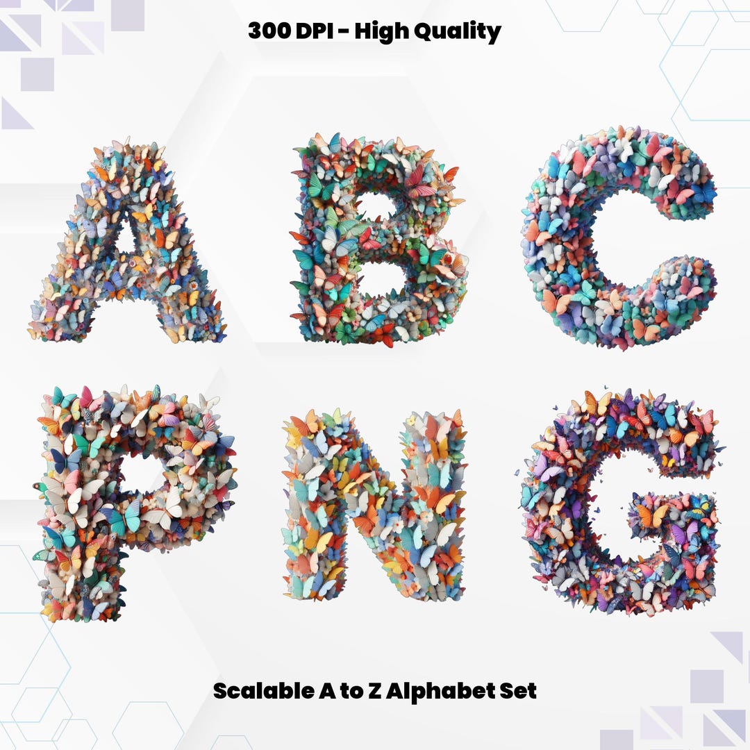 Butterfly Alphabet PNG: Colorful Doodle Font, Numbers Set (digital ...