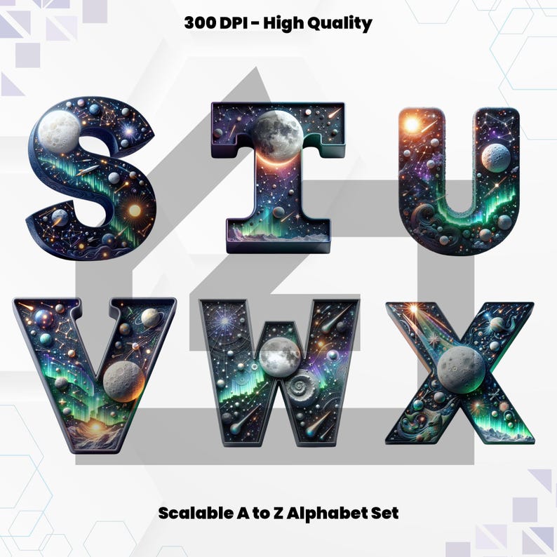Astronomy Printable Alphabet Clip Art PNG Bundle, Planet Letters and ...