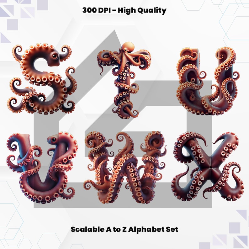 Octopus Alphabet PNG: 3D Doodle Font, Digital Stickers (A-Z) - Etsy Canada