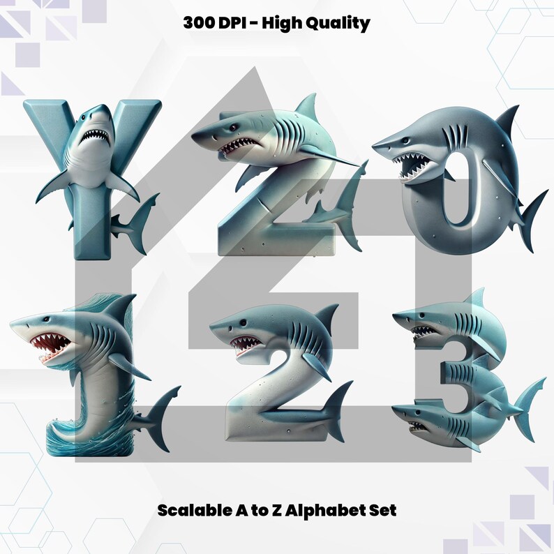 Shark Alphabet Clipart: 3D Doodle Letters, Numbers, PNG (digital ...